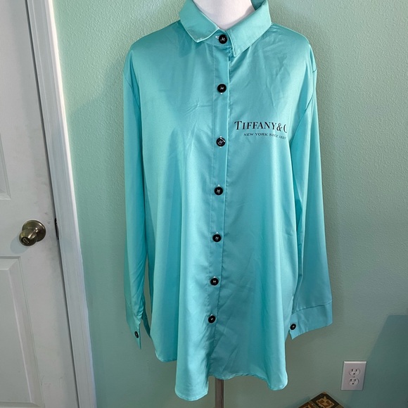 Tiffany & Co. | Tops | Tiffany Co Blue Teal Buttonup Satin Blouse Xl ...